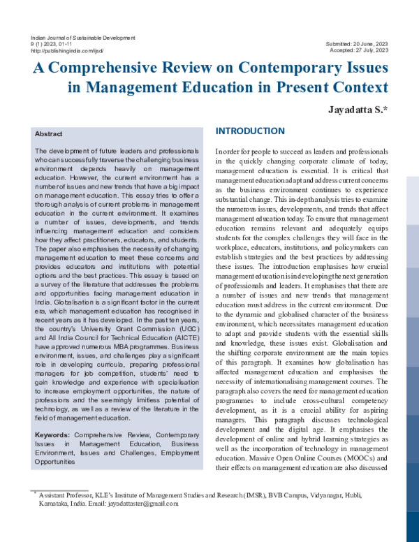 (PDF) A Comprehensive Review on Contemporary Issues in Management Education in Present Context
