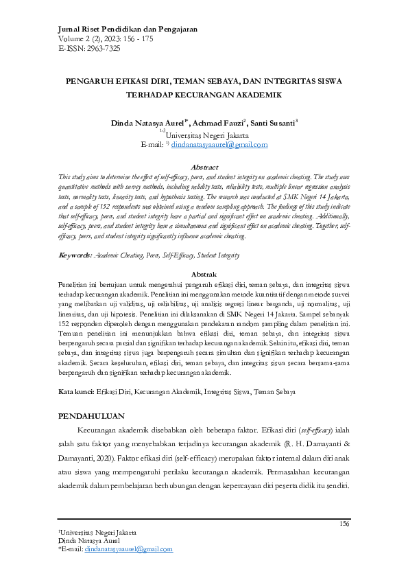 (PDF) Pengaruh Efikasi Diri, Teman Sebaya, Dan Integritas Siswa Terhadap Kecurangan Akademik