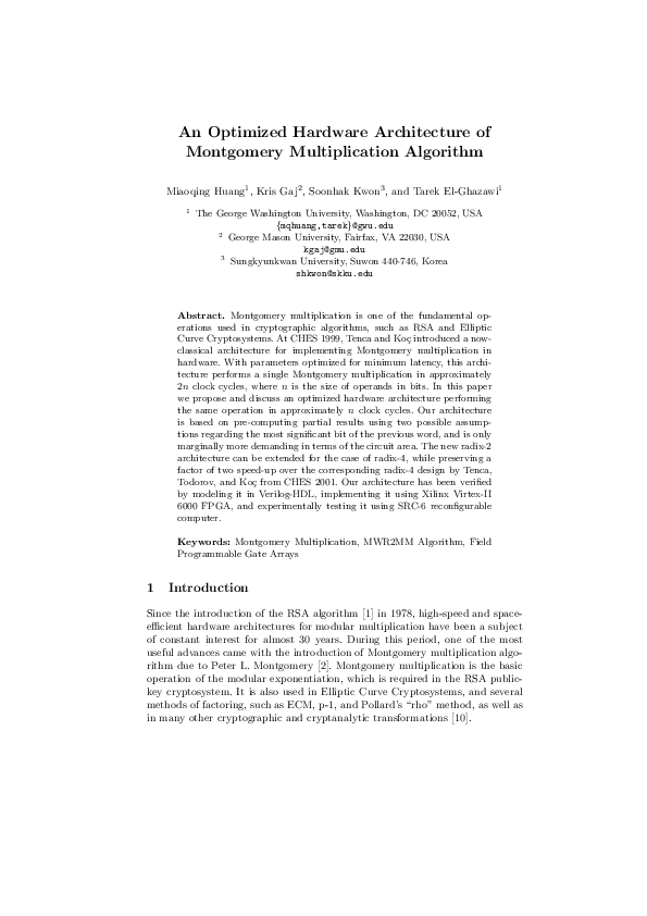 (PDF) An Optimized Hardware Architecture of Montgomery Multiplication Algorithm