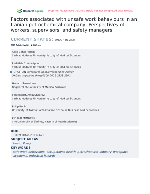(PDF) Factors associated with unsafe work behaviours in an Iranian ...