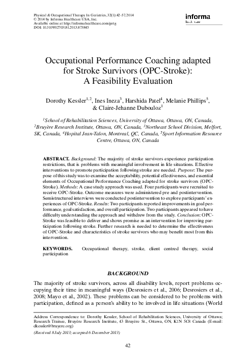 (PDF) Occupational Performance Coaching adapted for Stroke Survivors (OPC-Stroke): A Feasibility ...