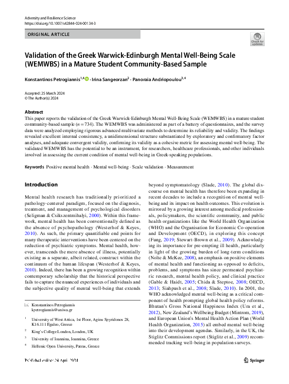 (PDF) Validation of the Greek Warwick-Edinburgh Mental Well-Being Scale ...