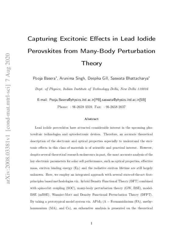 (PDF) Capturing Excitonic Effects in Lead Iodide Perovskites from Many ...