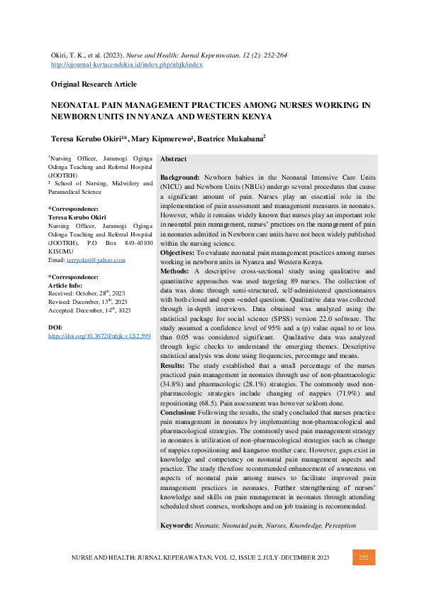 (PDF) Neonatal Pain Management Practices Among Nurses Working in ...