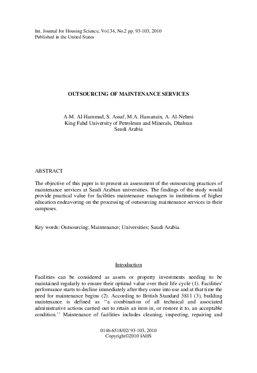 (PDF) Outsourcing of Maintenance Services