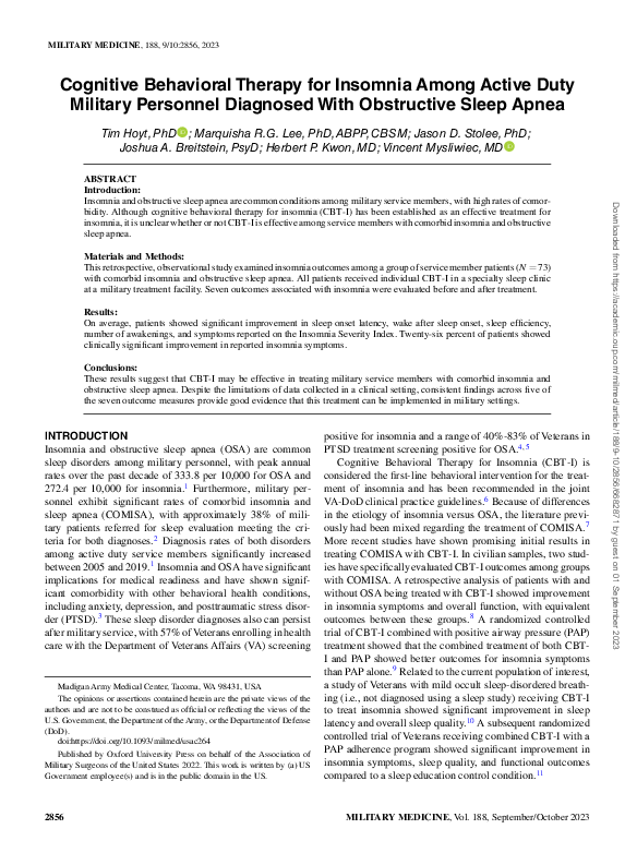 (PDF) Cognitive Behavioral Therapy for Insomnia Among Active Duty Military Personnel Diagnosed ...