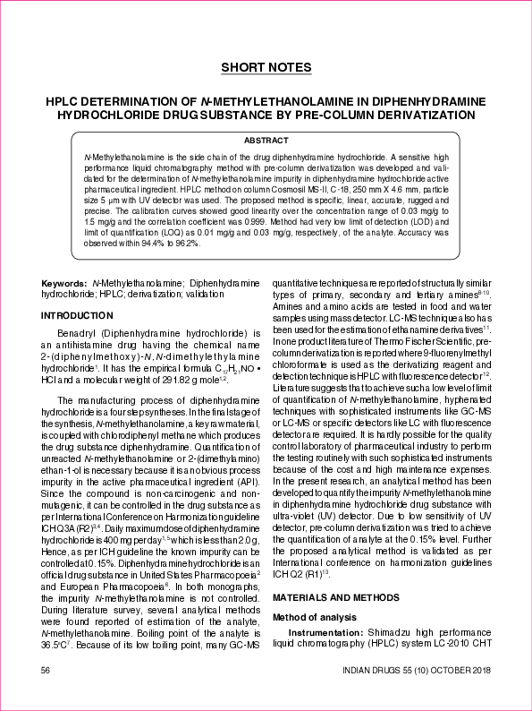 (PDF) HPLC Determination of N-Methylethanolamine in Diphenhydramine Hydrochloride Drug Substance ...
