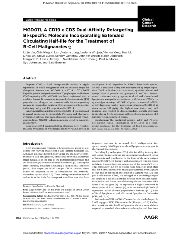 (PDF) MGD011, A CD19 x CD3 Dual-Affinity Retargeting Bi-specific ...