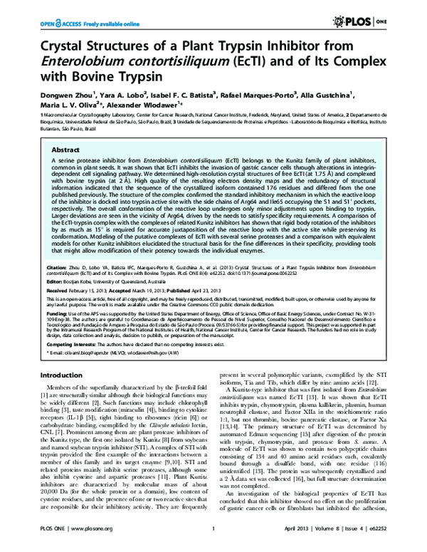 (PDF) Crystal Structures of a Plant Trypsin Inhibitor from Enterolobium contortisiliquum (EcTI ...