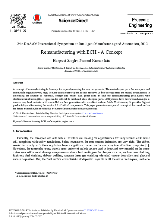 (PDF) Remanufacturing with ECH – A Concept