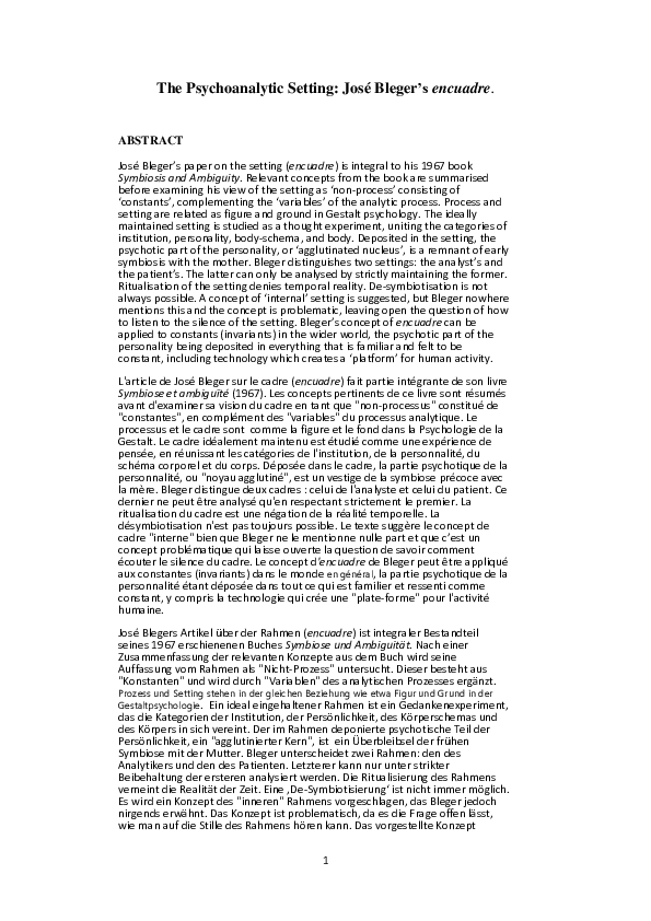 (PDF) The psychoanalytic setting: José Bleger’s encuadre