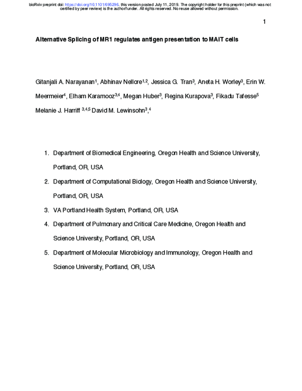 (PDF) Alternative Splicing of MR1 regulates antigen presentation to ...