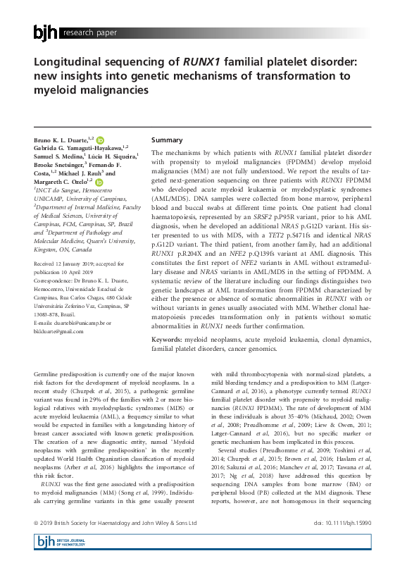 (PDF) Longitudinal sequencing of RUNX 1 familial platelet disorder: new insights into genetic ...