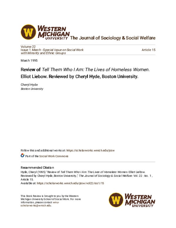 (PDF) Review of Tell Them Who I Am: The Lives of Homeless Women. Elliot ...