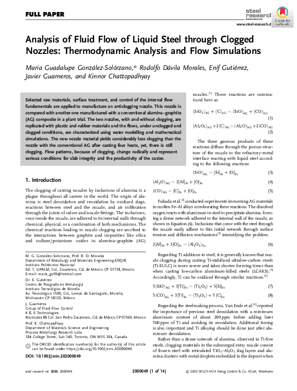 (PDF) Analysis of Fluid Flow of Liquid Steel through Clogged Nozzles: Thermodynamic Analysis and ...