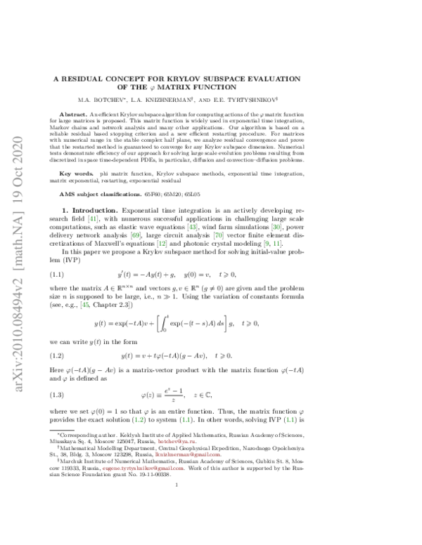 (PDF) A residual concept for Krylov subspace evaluation of the 퓁 matrix function