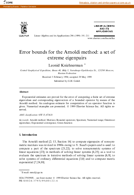 (PDF) Error bounds for the Arnoldi method: a set of extreme eigenpairs