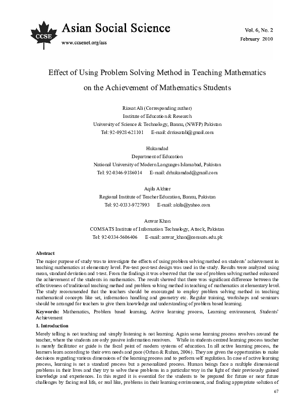 (PDF) Effect of Using Problem Solving Method in Teaching Mathematics on the Achievement of ...