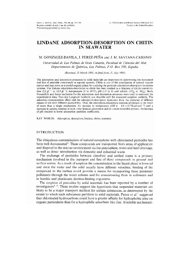 (PDF) Lindane Adsorption-Desorption on Chitin in Sea Water