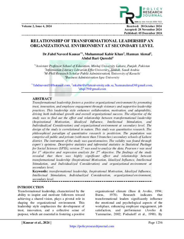 (PDF) RELATIONSHIP OF TRANSFORMATIONAL LEADERSHIP AN ORGANIZATIONAL ...