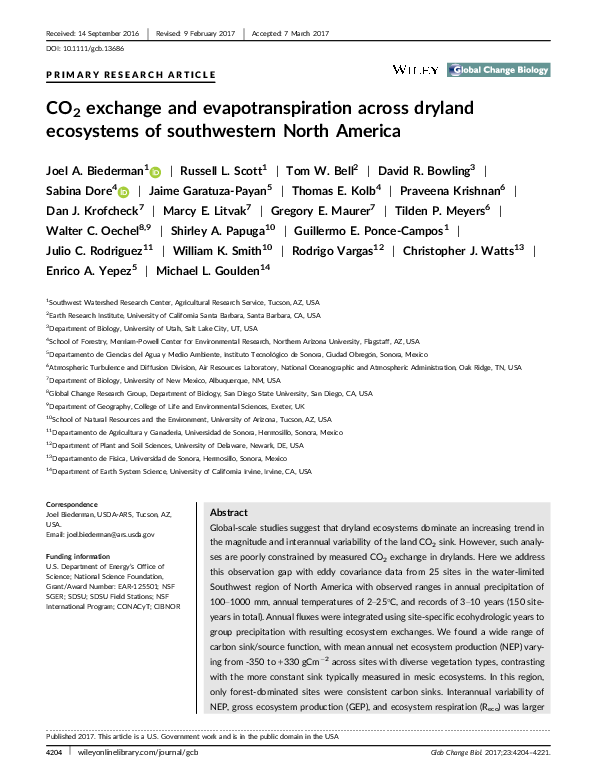 (PDF) CO2 exchange and evapotranspiration across dryland ecosystems of southwestern North America
