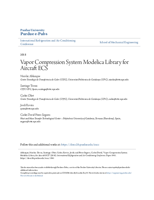 (PDF) Vapor Compression System Modelica Library for Aircraft ECS
