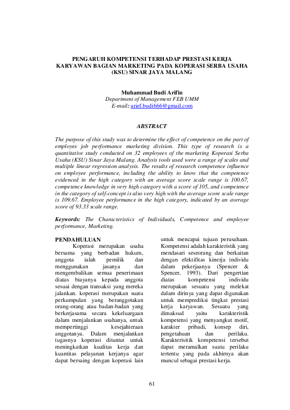 (PDF) Pengaruh Kompetensi Terhadap Prestasi Kerja Karyawan Bagian Marketing Pada Koperasi Serba ...