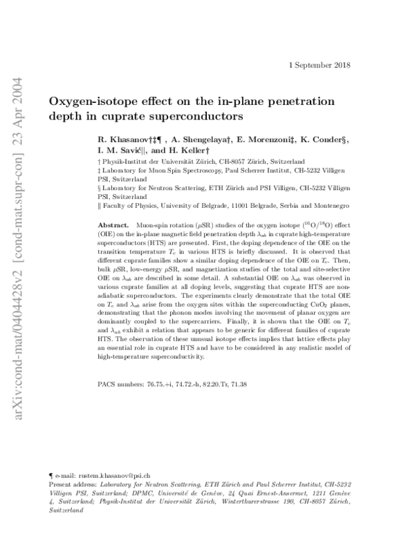 (PDF) The oxygen isotope effect on the in-plane penetration depth in cuprate superconductors