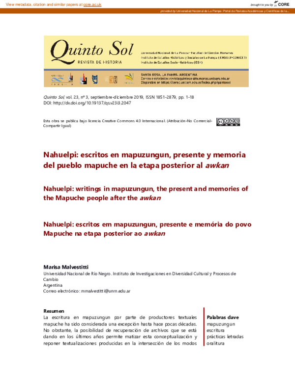 (PDF) Nahuelpi: writings in mapuzungun, the present and memories of the ...