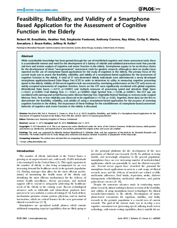 Feasibility, Reliability, and Validity of a Smartphone Based Application for the Assessment of ...