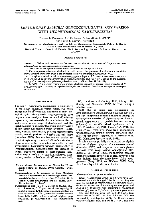 (PDF) Leptomonas samueli glycoconjugates. Comparison with Herpetomonas ...