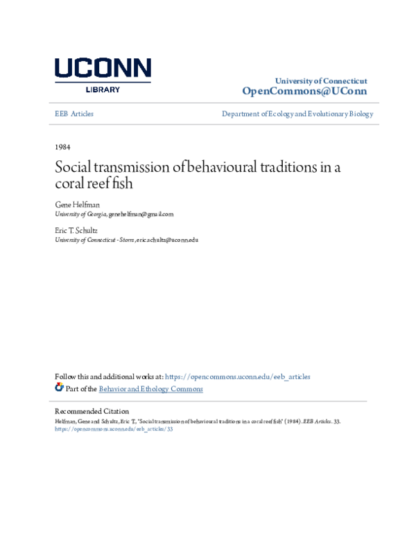 (PDF) Social transmission of behavioural traditions in a coral reef fish