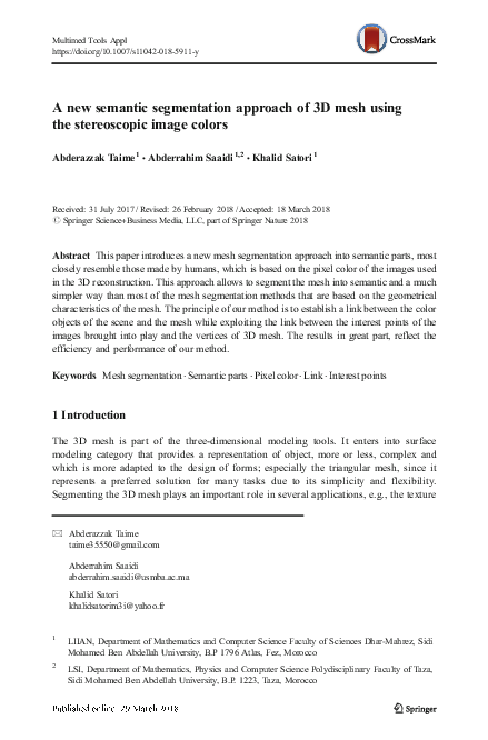 Pdf A New Semantic Segmentation Approach Of 3d Mesh Using The Stereoscopic Image Colors