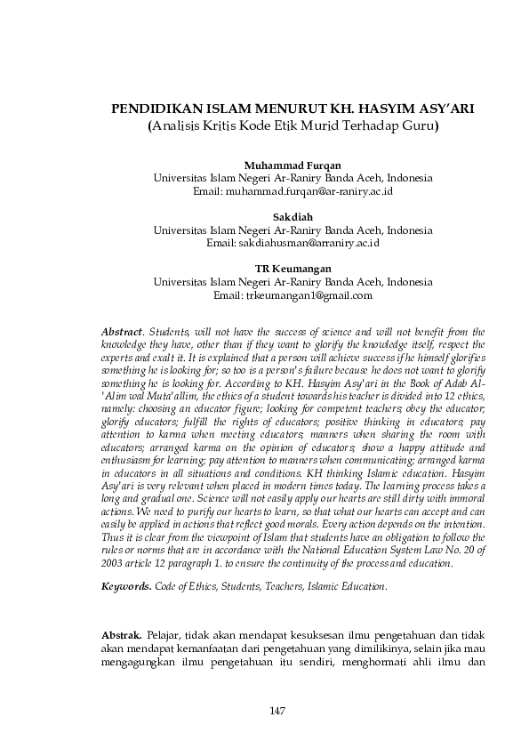 (PDF) PENDIDIKAN ISLAM MENURUT KH. HASYIM ASY’ARI (Analisis Kritis Kode Etik Murid Terhadap Guru)