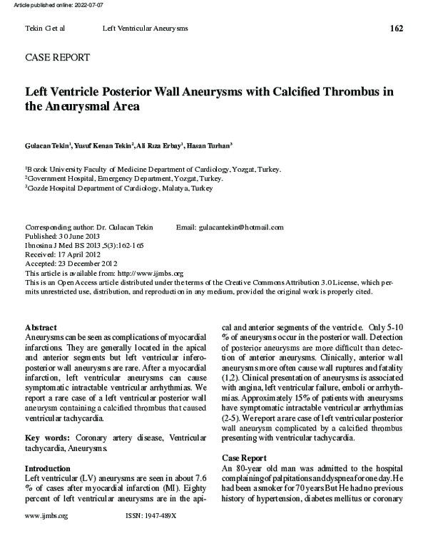 (PDF) Left ventricle posterior wall aneurysms with calcified thrombus ...