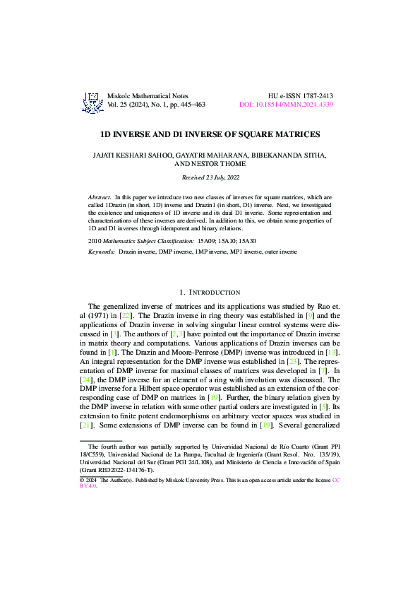 (PDF) 1D inverse and D1 inverse of square matrices