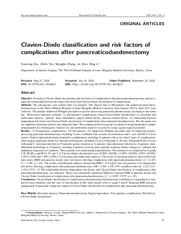 (PDF) Clavien-Dindo classification and risk factors of complications ...