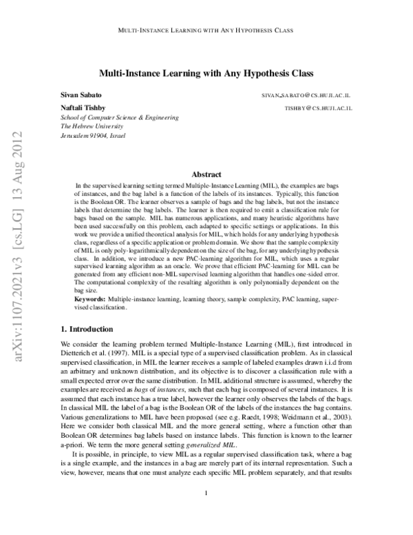 (PDF) MULTI-INSTANCE LEARNING WITH ANY HYPOTHESIS CLASS Multi-Instance ...