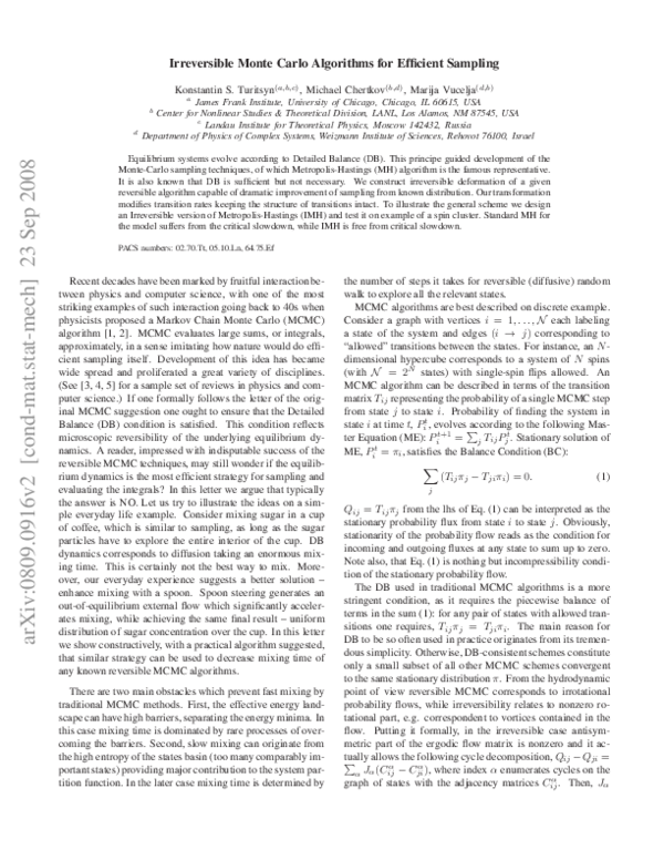 Pdf Irreversible Monte Carlo Algorithms For Efficient Sampling