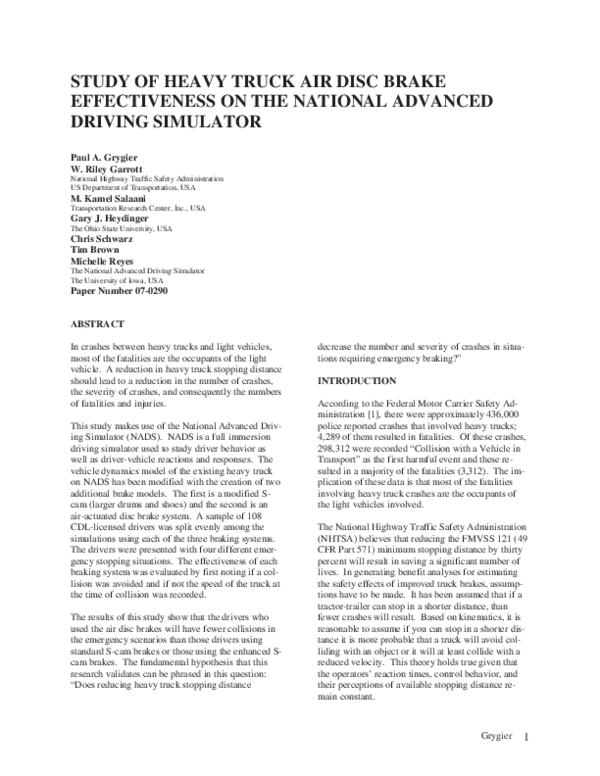 (PDF) Study of heavy truck air disc brake effectiveness on the national ...