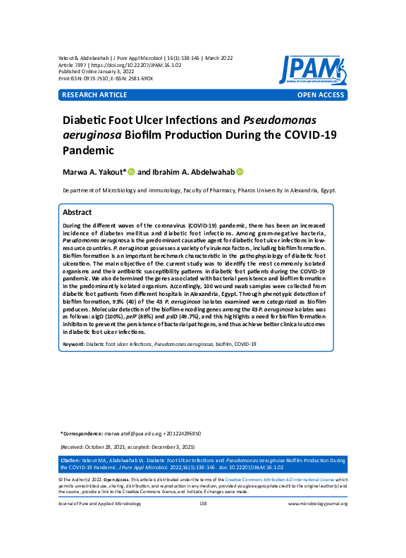 (PDF) Diabetic Foot Ulcer Infections and Pseudomonas aeruginosa Biofilm ...