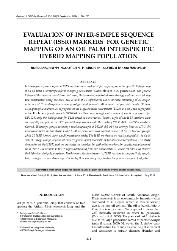 (PDF) Evaluation of inter-simple sequence repeat (ISSR) markers for genetic mapping of an oil ...