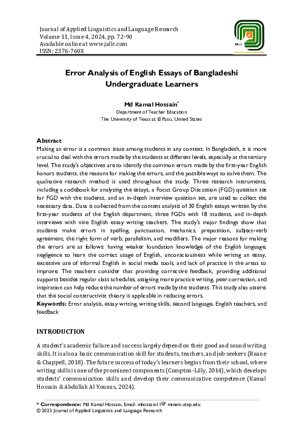 (PDF) Error Analysis of English Essays of Bangladeshi Undergraduate Learners