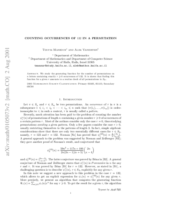 (PDF) Counting occurences of 132 in a permutation