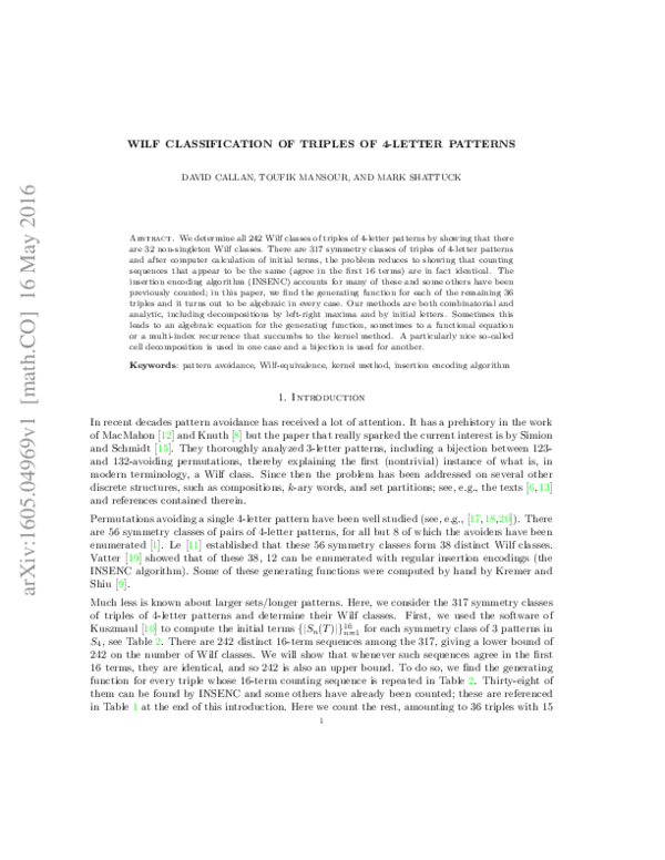 (PDF) Wilf classification of triples of 4-letter patterns