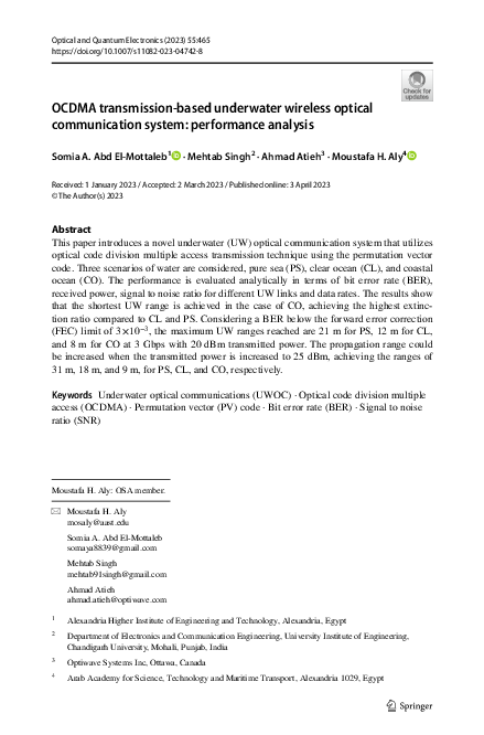 (PDF) OCDMA transmission-based underwater wireless optical communication system: performance ...