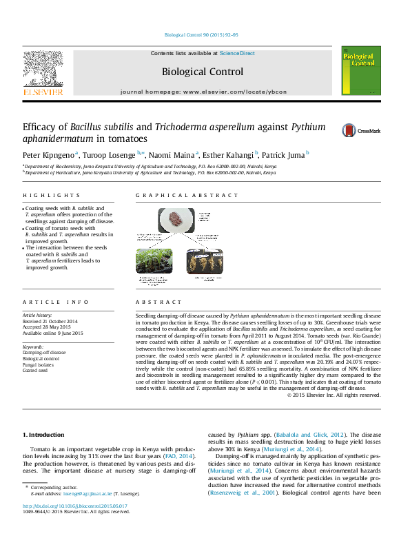 (PDF) Efficacy of Bacillus subtilis and Trichoderma asperellum against Pythium aphanidermatum in ...