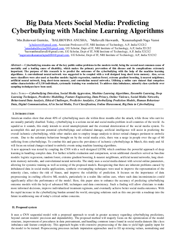 Pdf Big Data Meets Social Media Predicting Cyberbullying With Machine Learning Algorithms