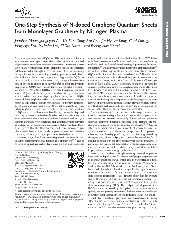 (PDF) One‐Step Synthesis of N‐doped Graphene Quantum Sheets from Monolayer Graphene by Nitrogen ...