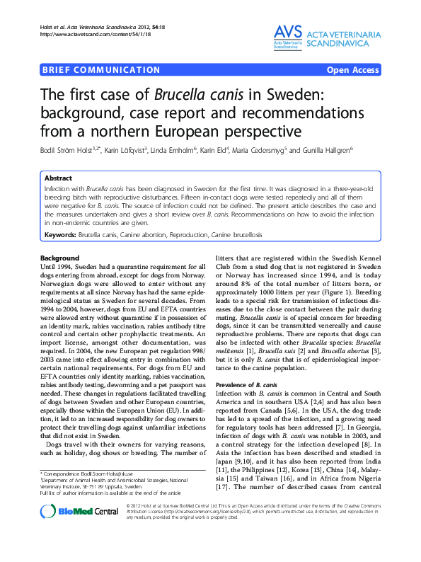 (PDF) The first case of Brucella canis in Sweden: background, case ...